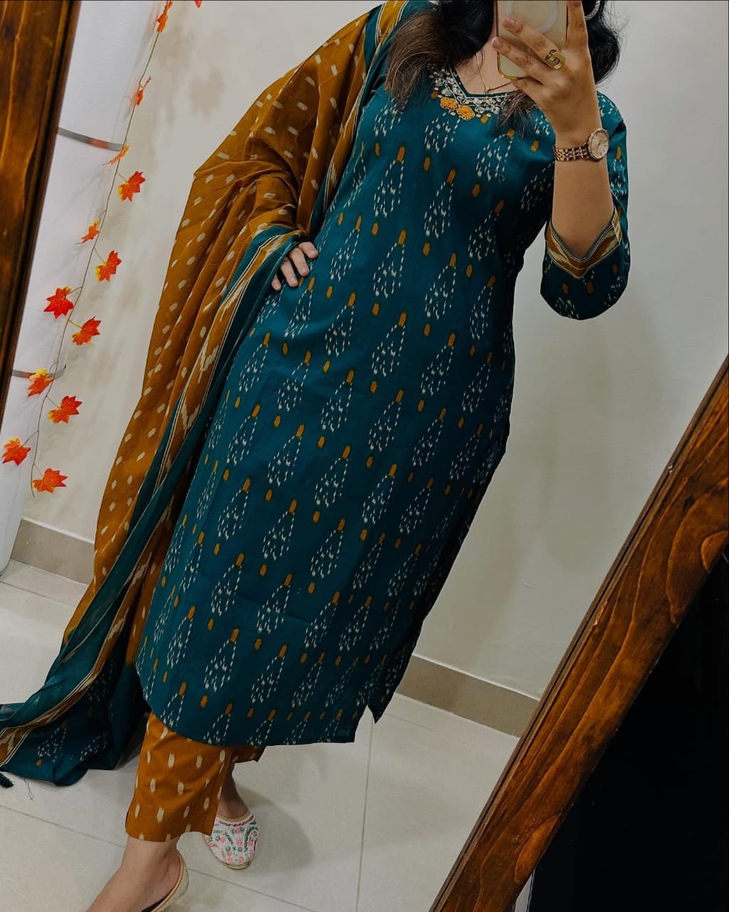 Elegant Teal & Mustard Ikat Print Cotton Suit Set – Jaipur Kurta