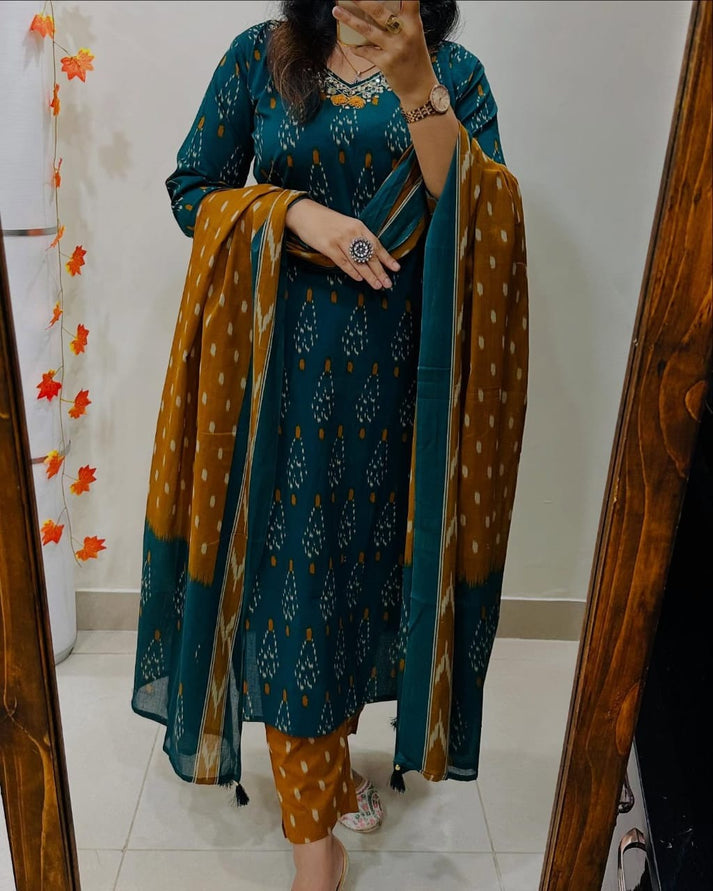 Elegant Teal & Mustard Ikat Print Cotton Suit Set – Jaipur Kurta